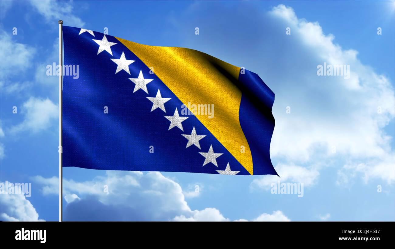 Flag of Bosnia And Herzegovina on flowing clouds background. Motion ...