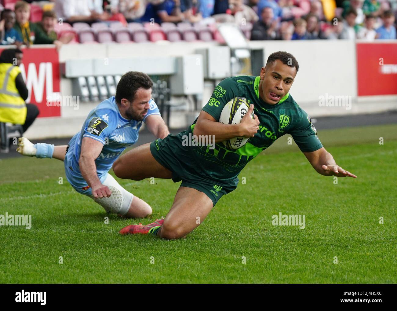 Will Joseph of London Irish scores a try during the EPCR Challenge Cup ...