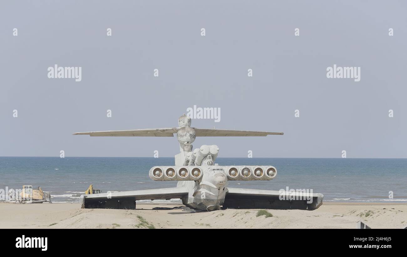 Plane landed on beach. Action. Aircraft is located on seashore. Plane ...