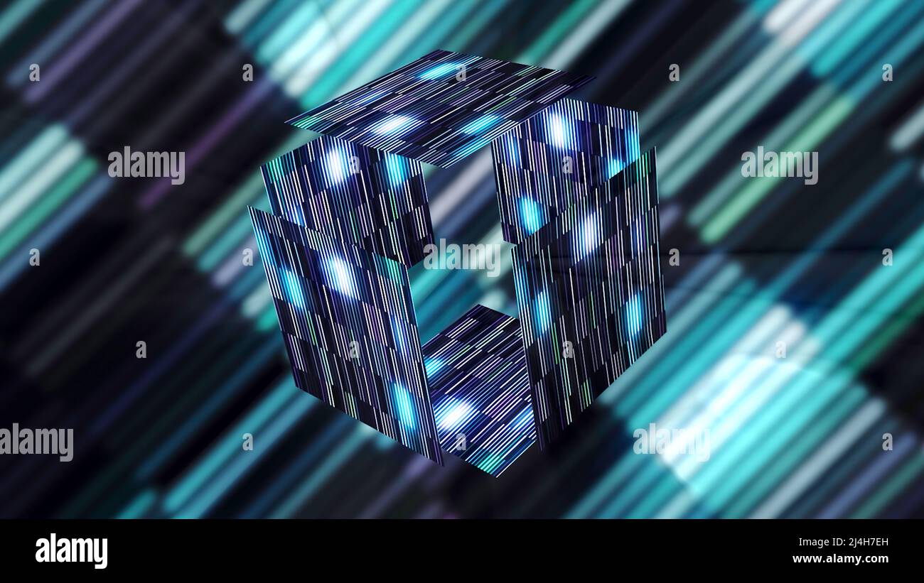 Glowing cube opens in cyberspace. Motion. Virtual 3D cube opens as ...