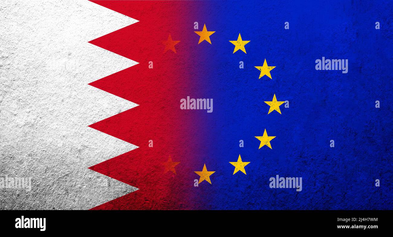 Flag of the European Union with Bahrain national flag. Grunge ...