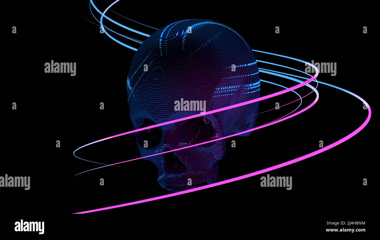 Abstract blue and pink gradient human skull surrounded by spiral lines ...