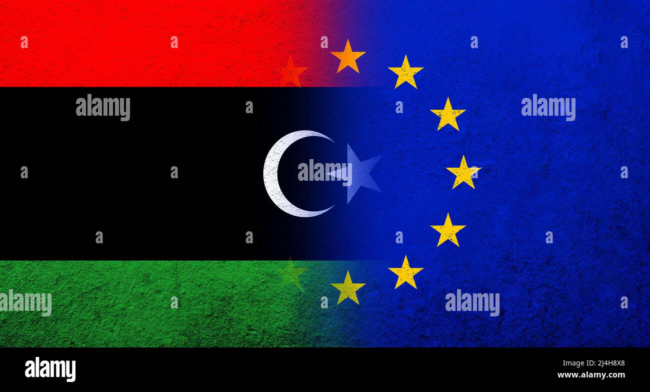Flag of the European Union with Libya National flag. Grunge background ...
