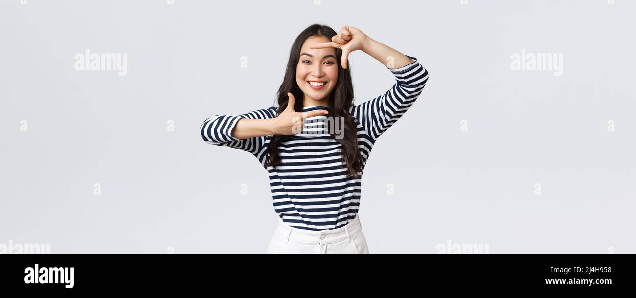 Lifestyle, people emotions and casual concept. Creative cute asian girl ...