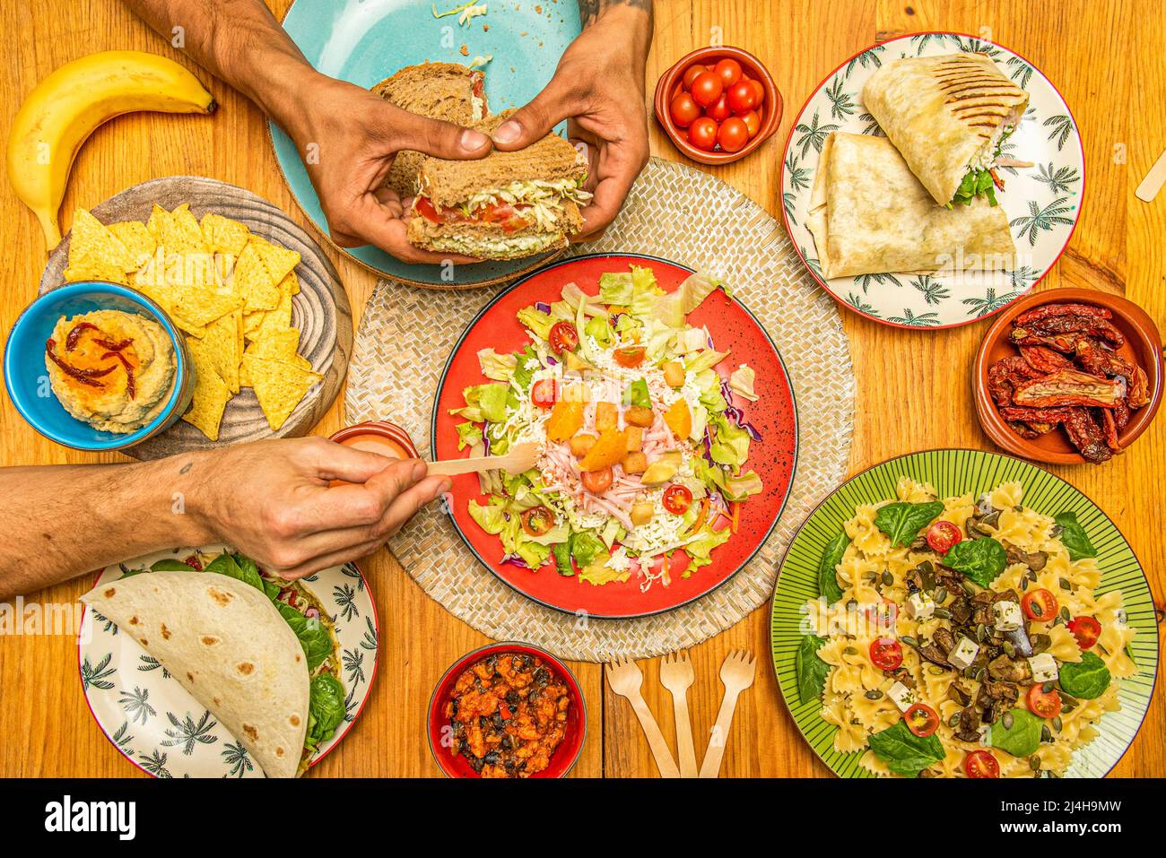 Italian and Mexican fast food dishes and appetizers, pasta salad ...