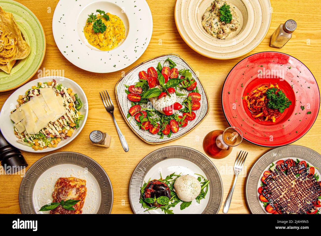 Set of Italian food dishes, pasta recipes with parmesan cheese, gnocchi ...