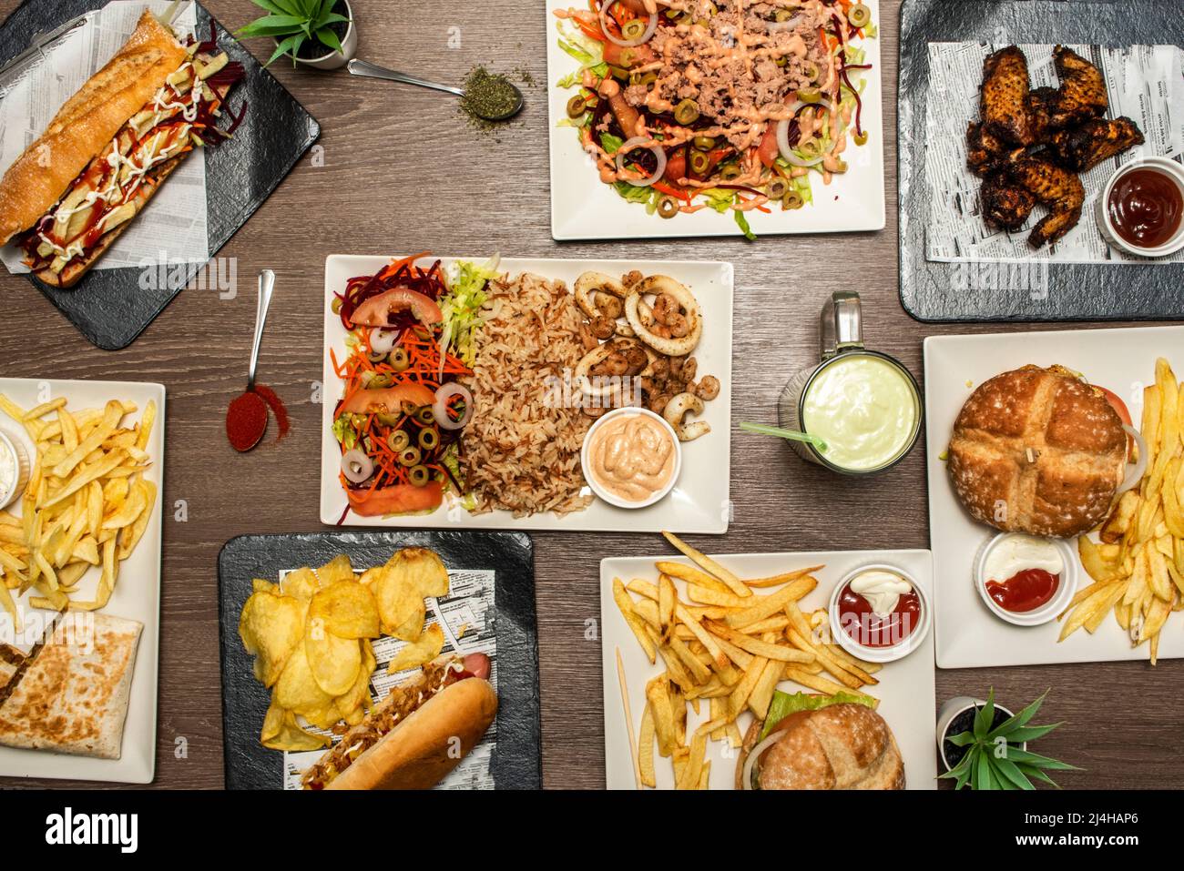 Set of fast food dishes, sandwiches and burgers, french fries, barbecue ...