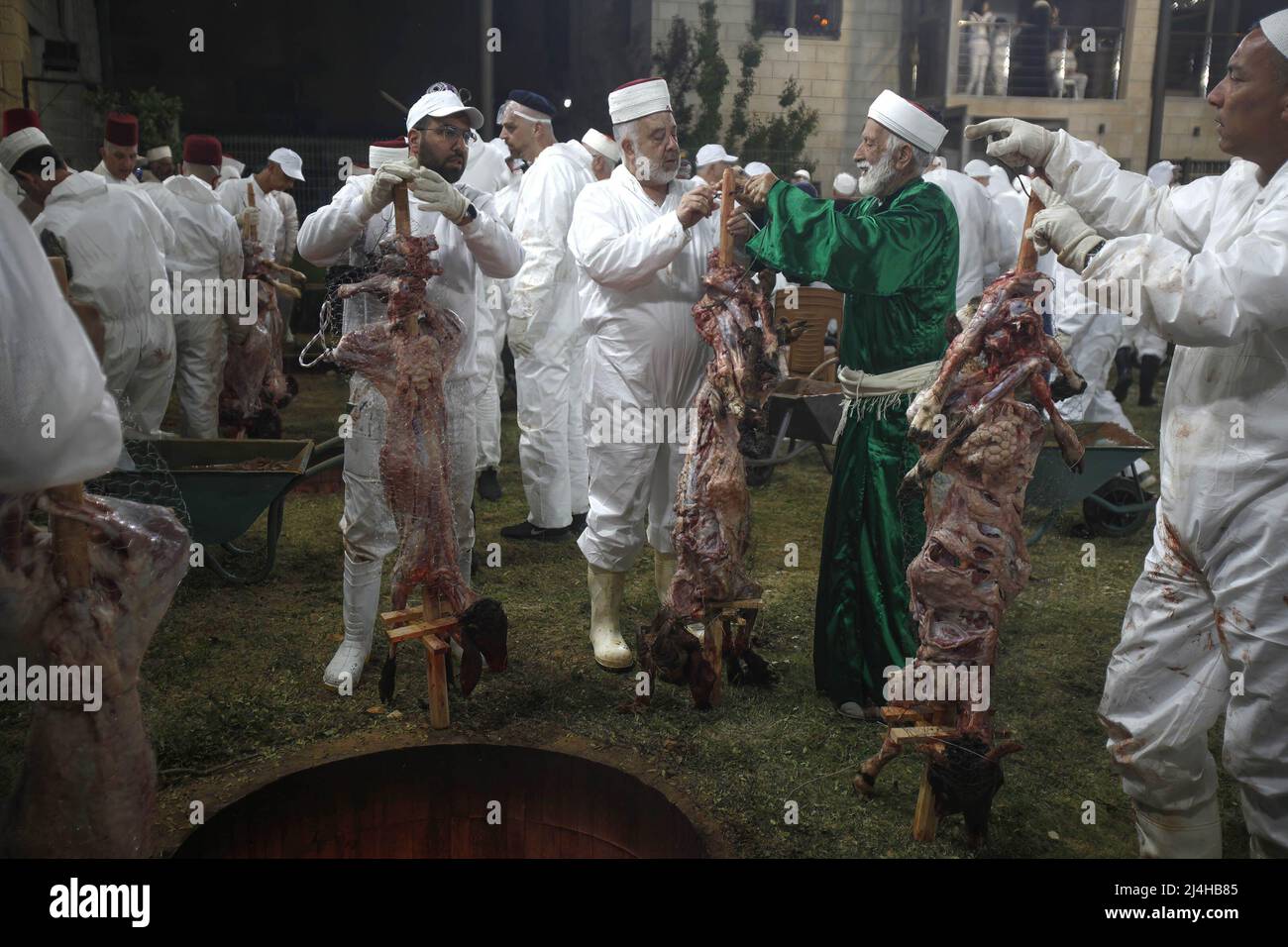 Members of the ancient Samaritan community prepare sacrifices during ...