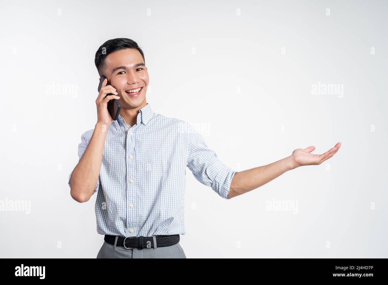 man laughing while making phone call on isolated background Stock Photo ...