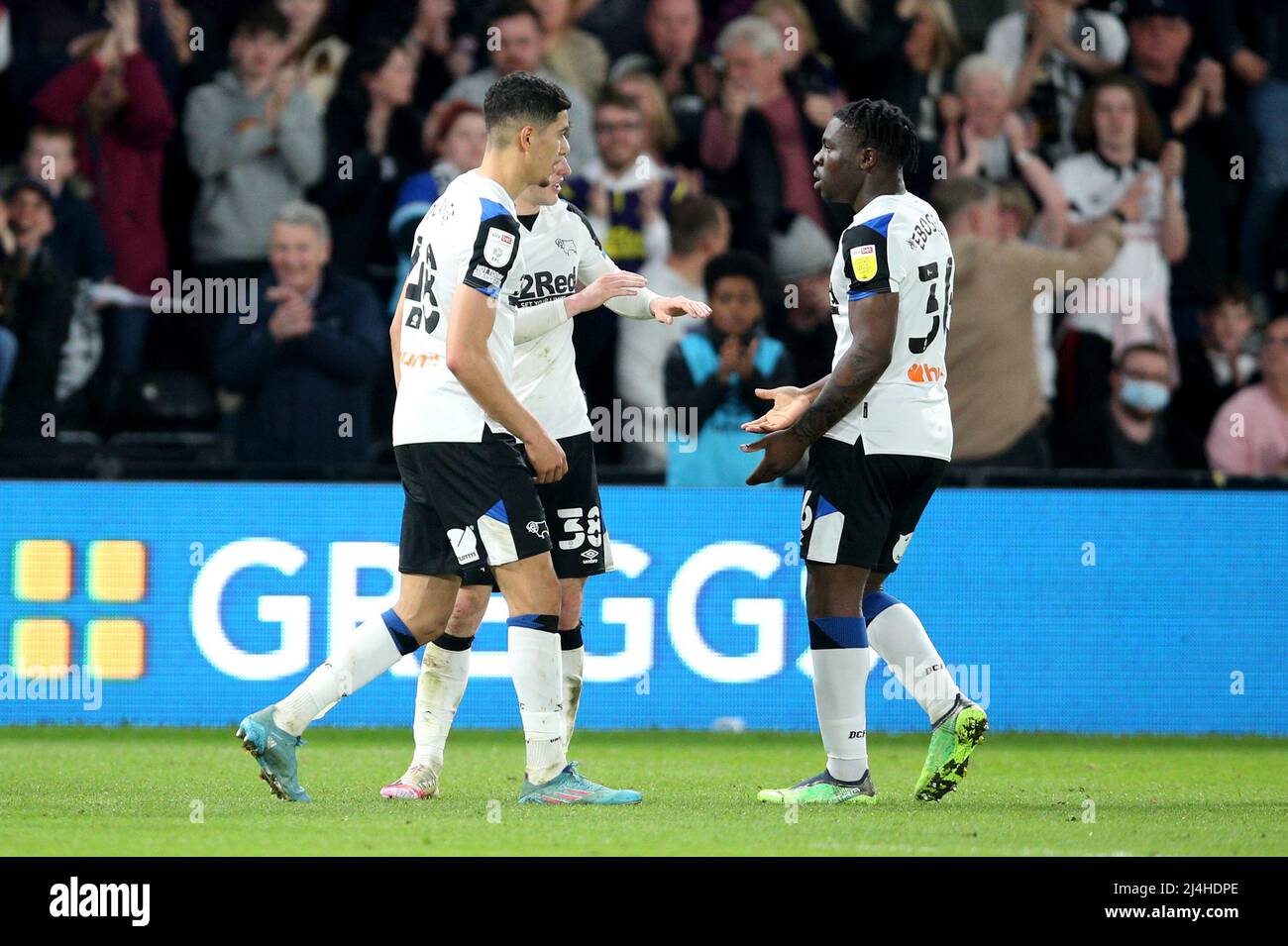 Derby County's Luke Plange celebrates scoring their side's second goal ...