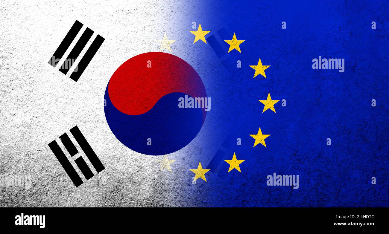 Flag of the European Union with National flag of South Korea. Grunge ...