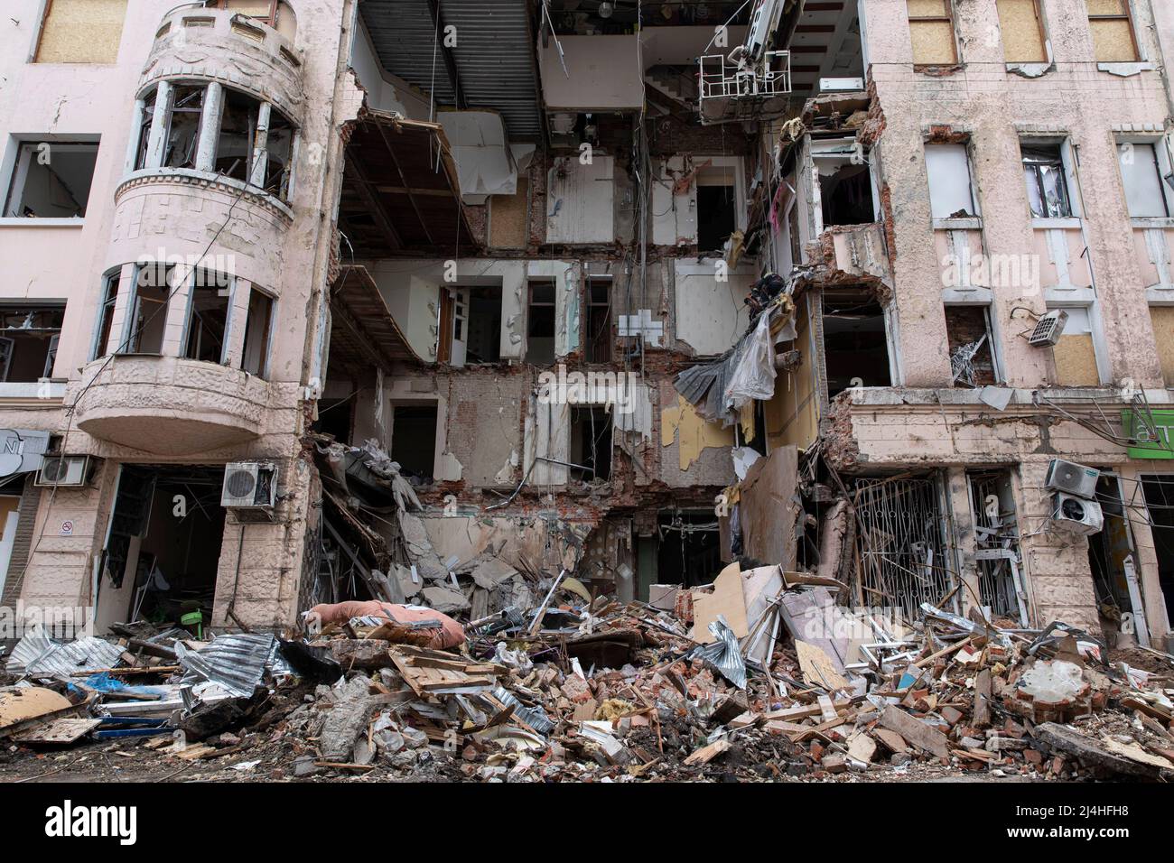 A residential building destroyed by Russian shelling seen in Kharkiv ...