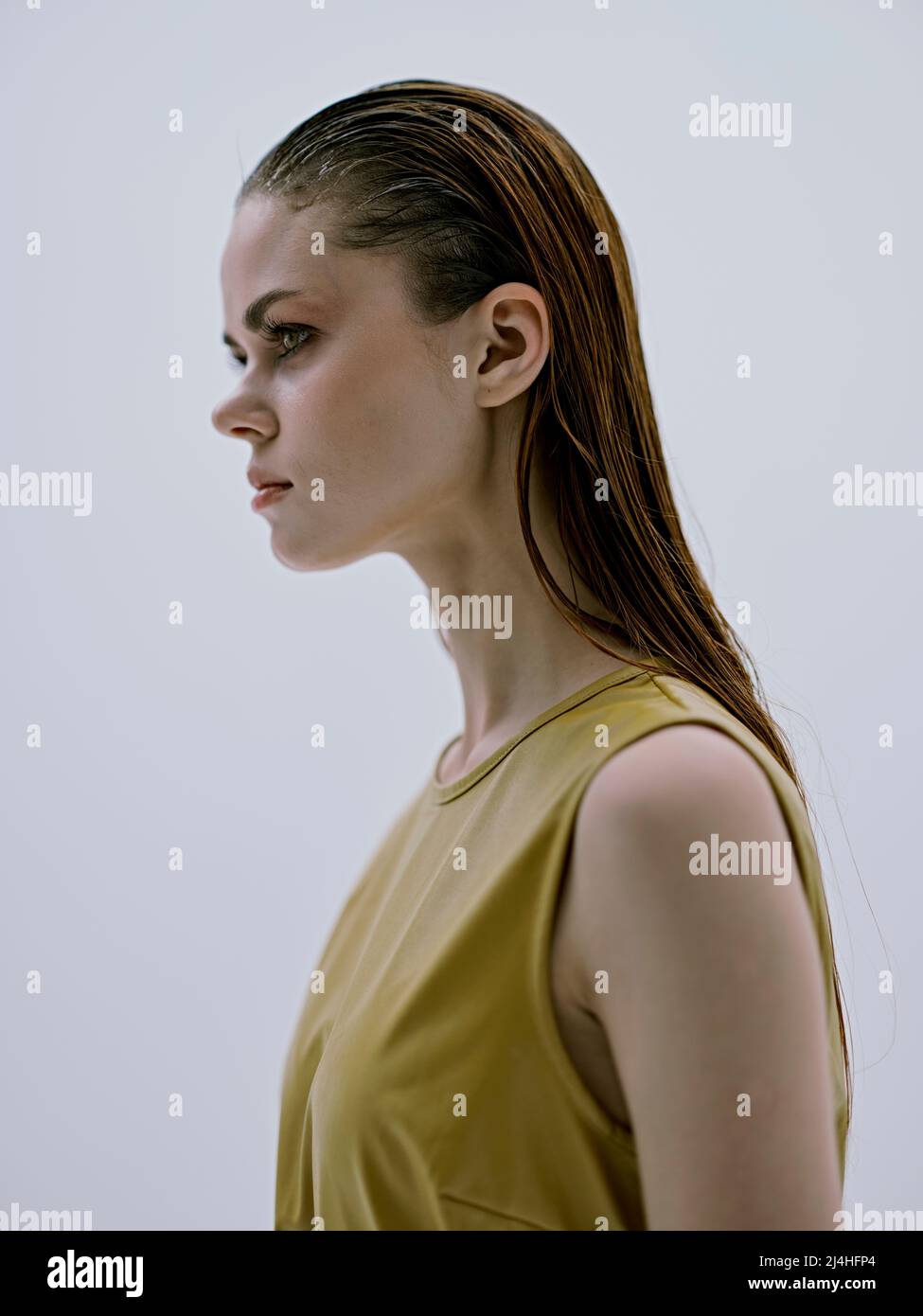 side view attractive woman with wet hair in dress Stock Photo - Alamy