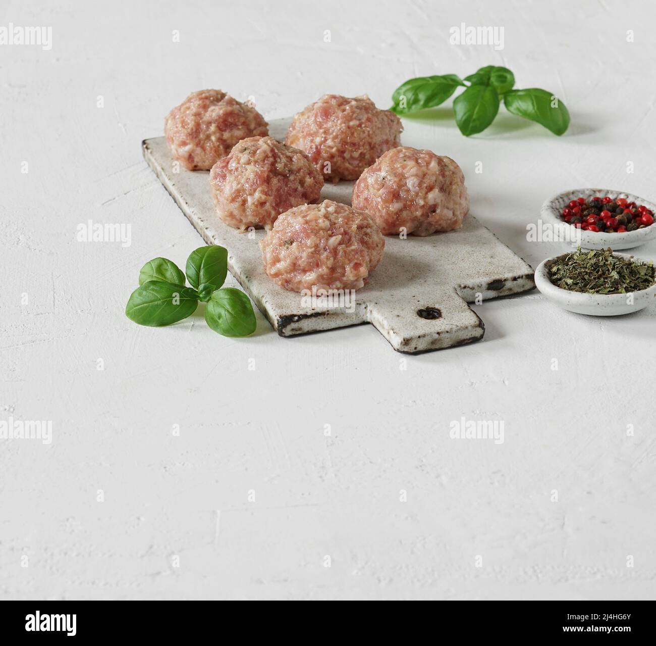 homemade meat ball with basil on the white background, copy space Stock ...