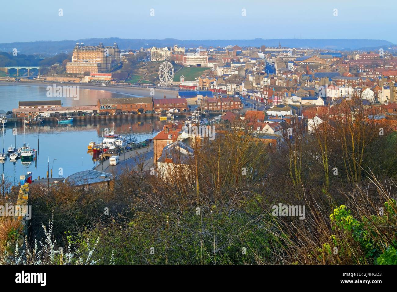 UK, North Yorkshire, Scarborough, View across the Harbour and South Bay ...