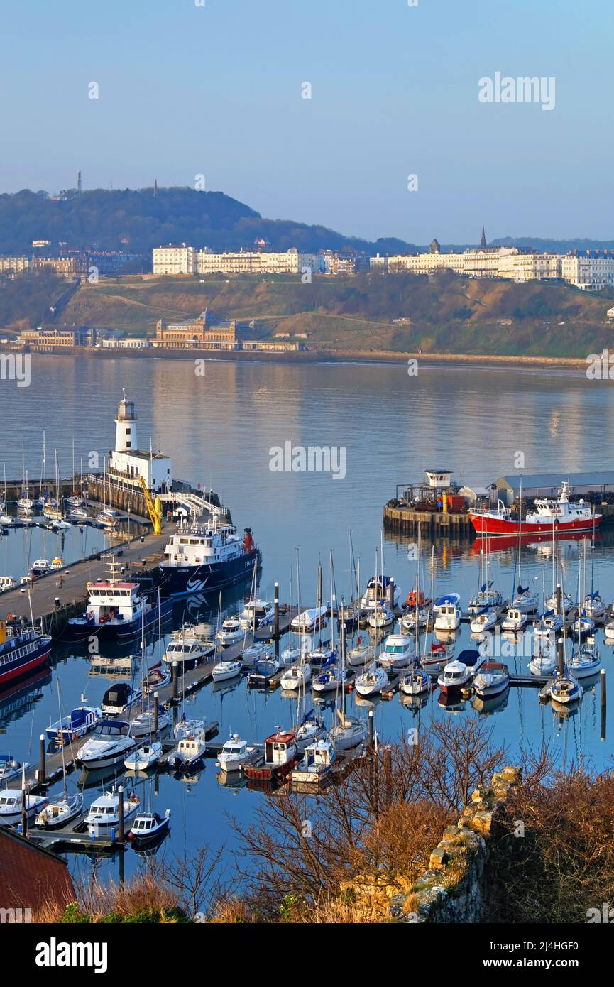 UK, North Yorkshire, Scarborough, View across the Harbour and South Bay ...