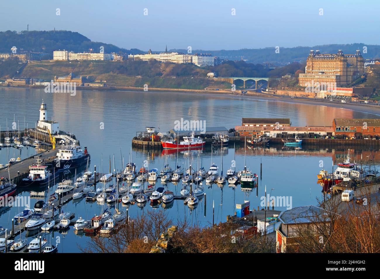 UK, North Yorkshire, Scarborough, View across the Harbour and South Bay ...