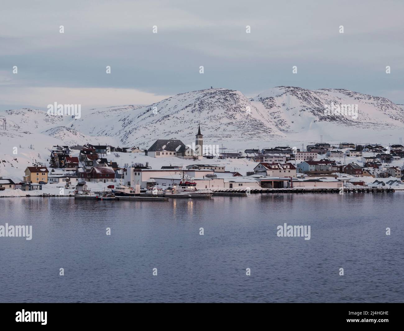 Mehamn village on the Vedvik Peninsula, Norway, in winter Stock Photo ...