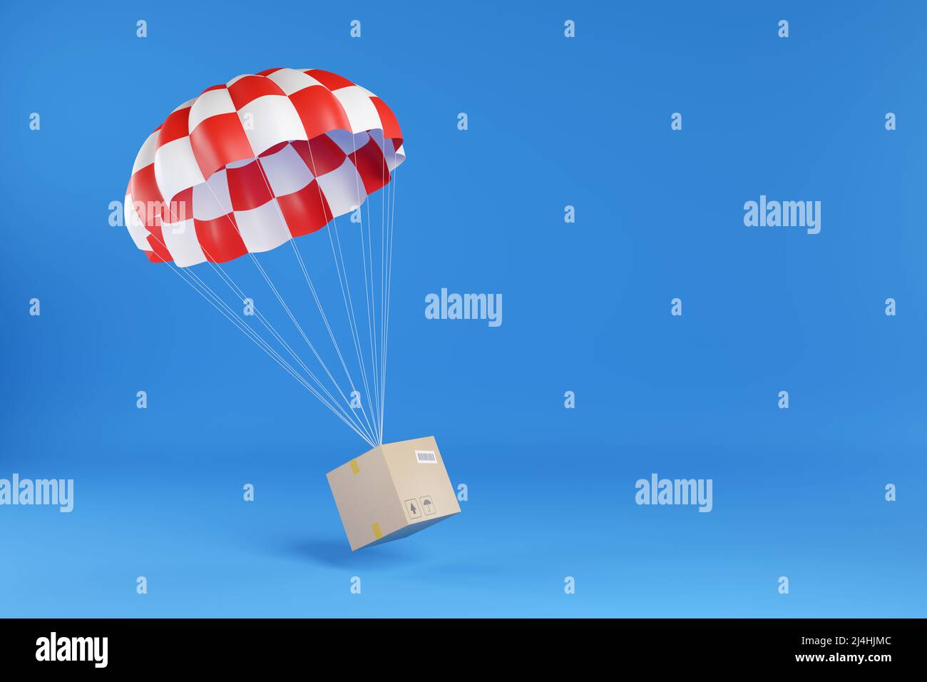 Cardboard box descending by parachute isolated on blue background ...