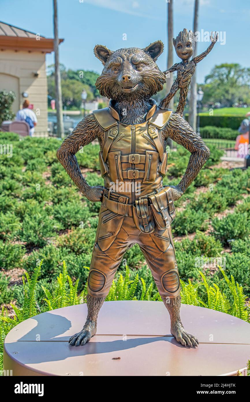 Rocket and Groot Gold Statue 50th Anniversary Disney Epcot Stock Photo ...