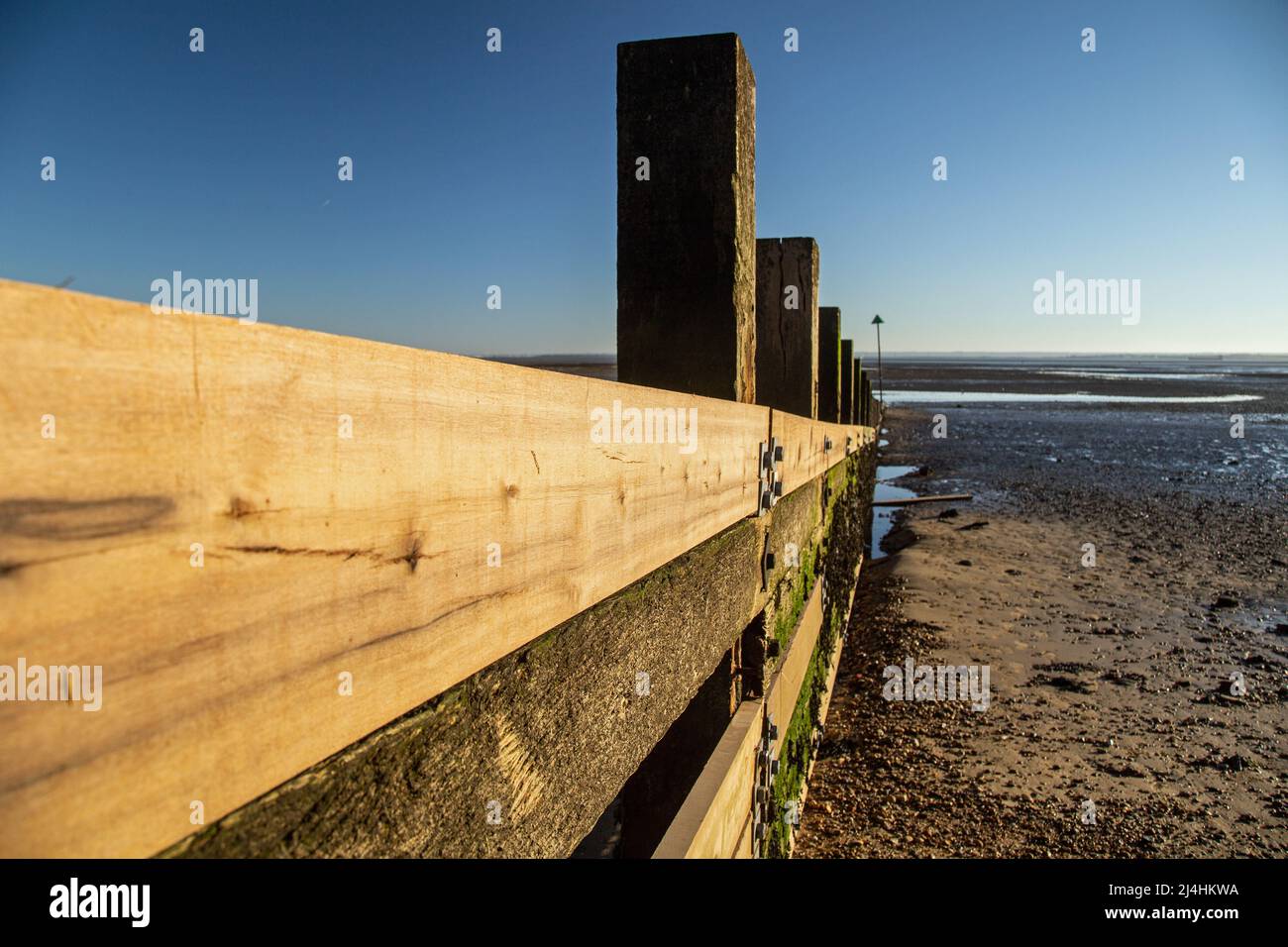 timber groyne fencing at the beach at Southend On Sea Stock Photo - Alamy
