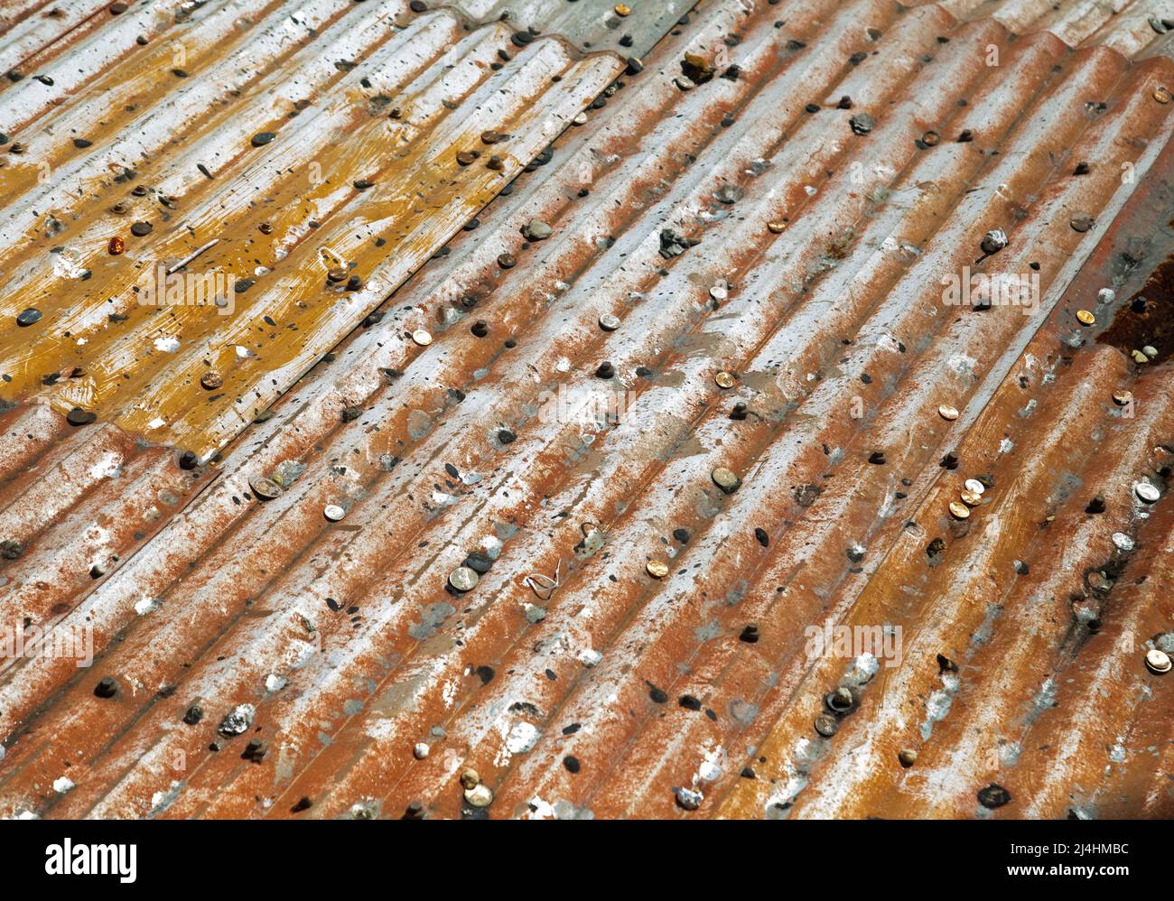 Landscape format shot of a rusty corrugated iron roof with coins thrown ...