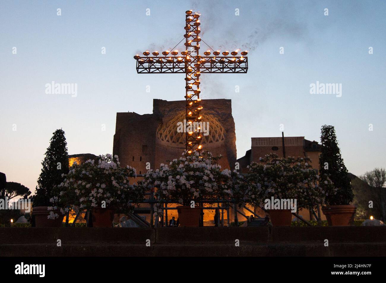 Rome, Italy. 15th Apr, 2022. Burning Cross outside the Colosseum. On ...