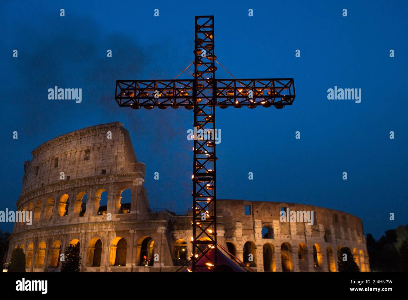 Rome, Italy. 15th Apr, 2022. Burning Cross outside the Colosseum. On ...