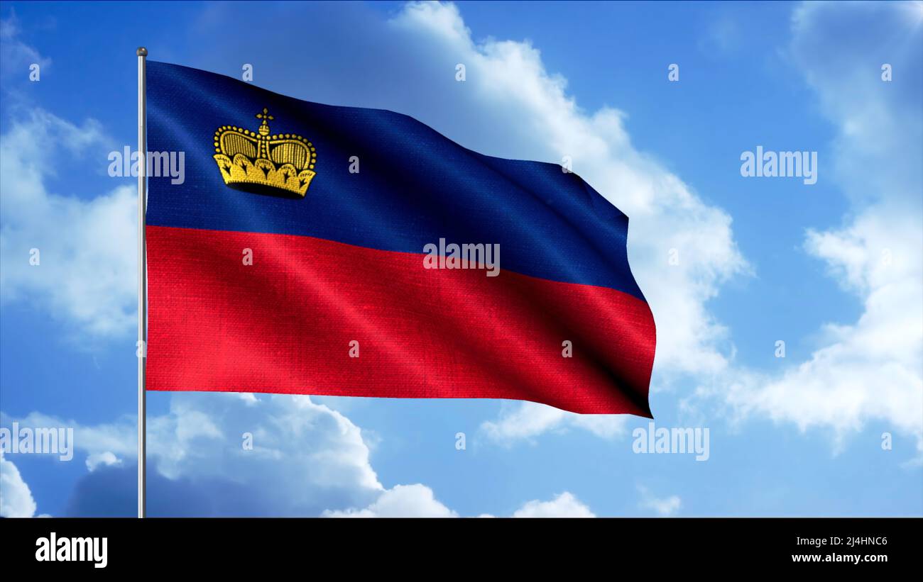 The flag of the State of Liechtenstein rippling in the wind against a ...