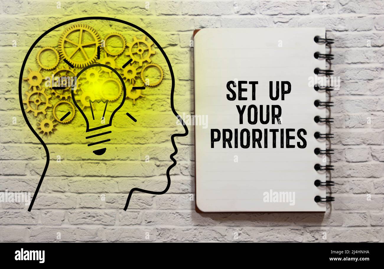 SET UP YOUR PRIORITIES text on a paper with calculator, notepad, coffee ...