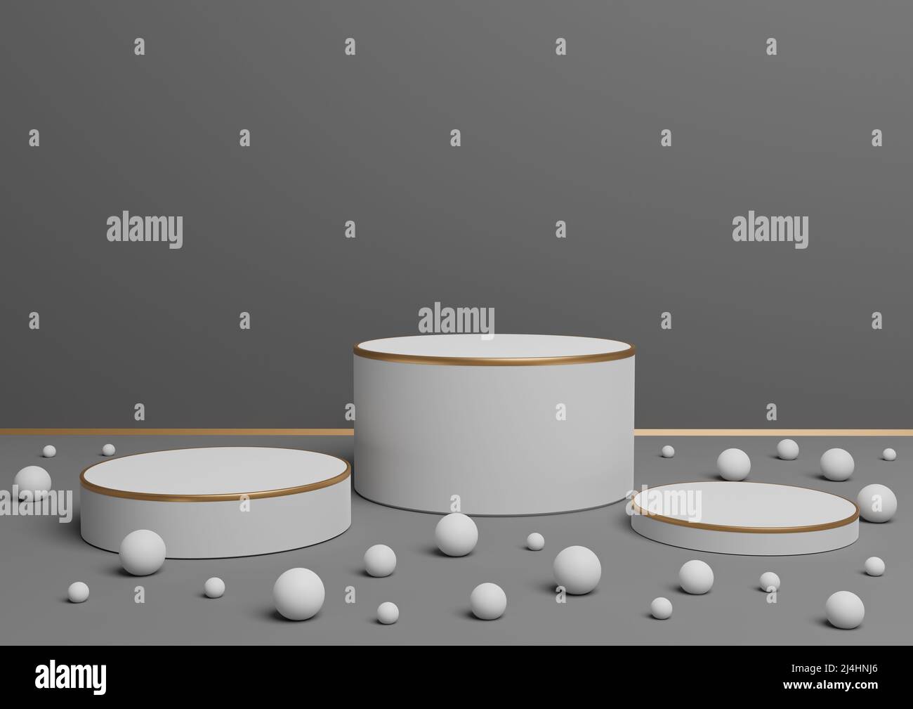 Dark graphite gray, black and white 3D rendering of three podium stands product display with ...