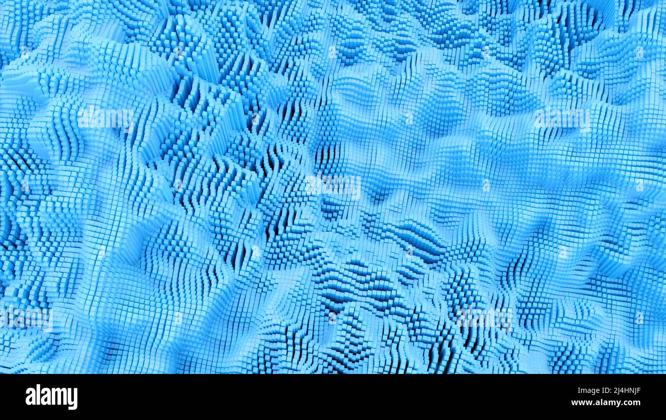Abstract rotating uneven blue surface of cubic shaped particles with ...