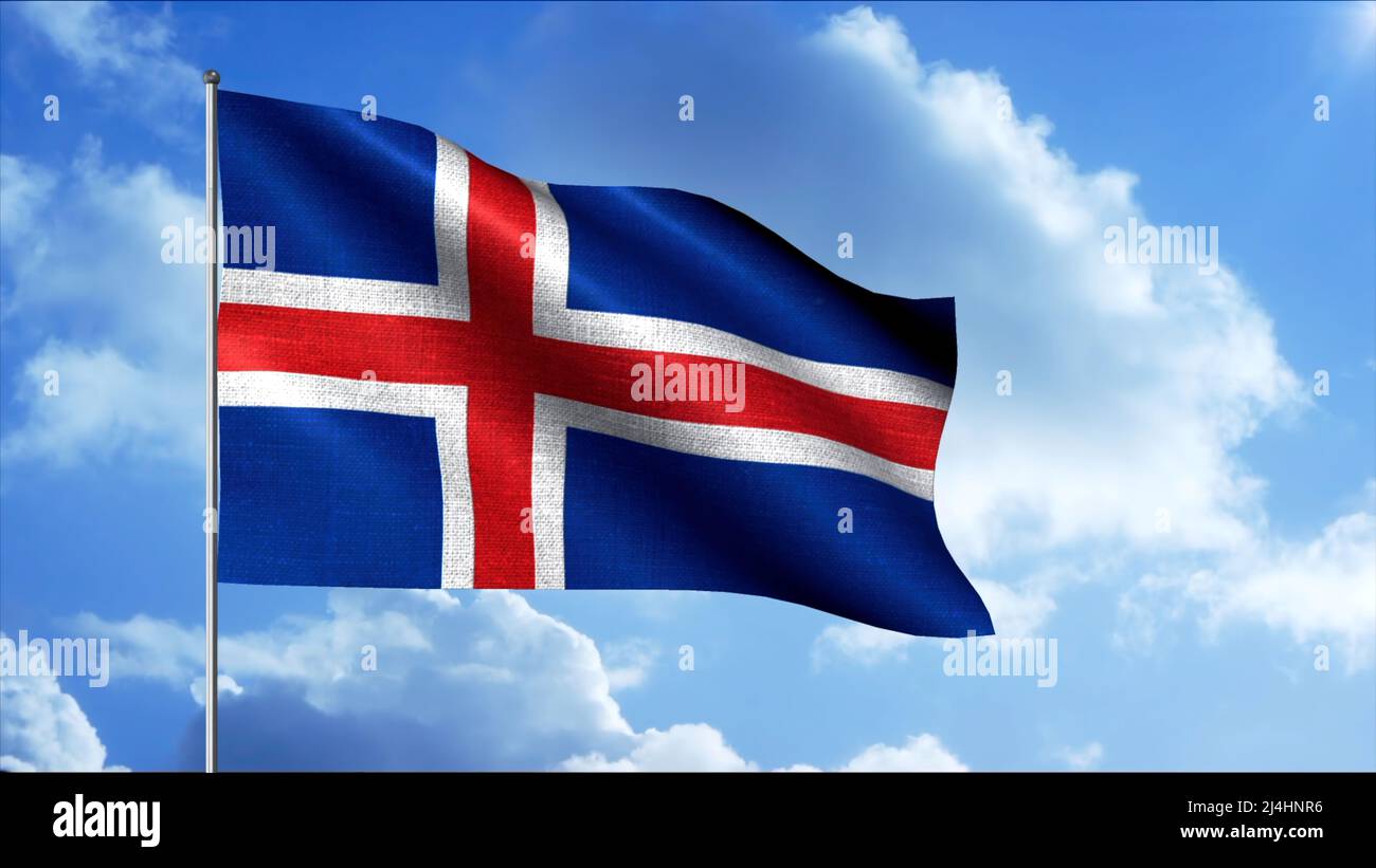 Iceland flag waving in the wind with cloud background animation. Motion ...