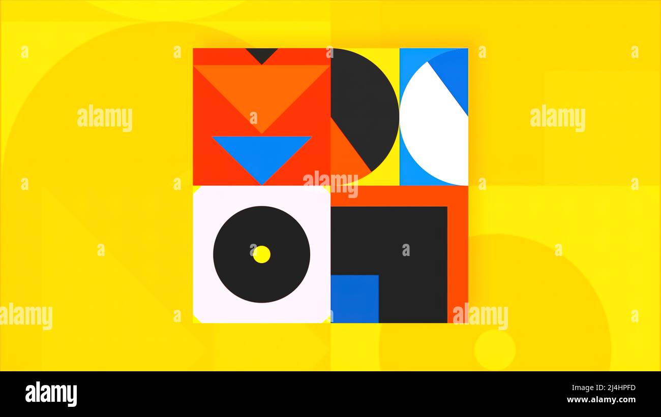 Bright yellow background with geometric moving figures, seamless loop ...