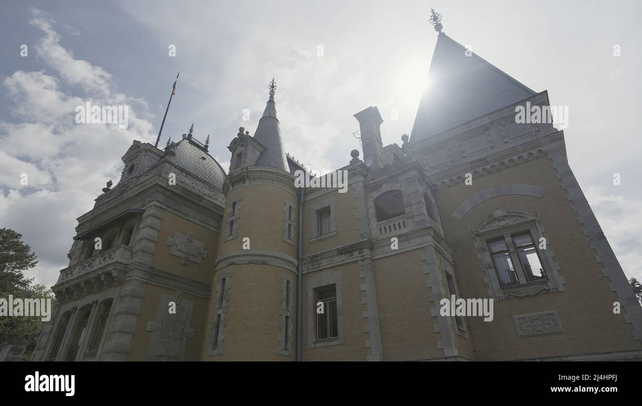 Bottom view of old country palace. Action. Beautiful architecture of ...