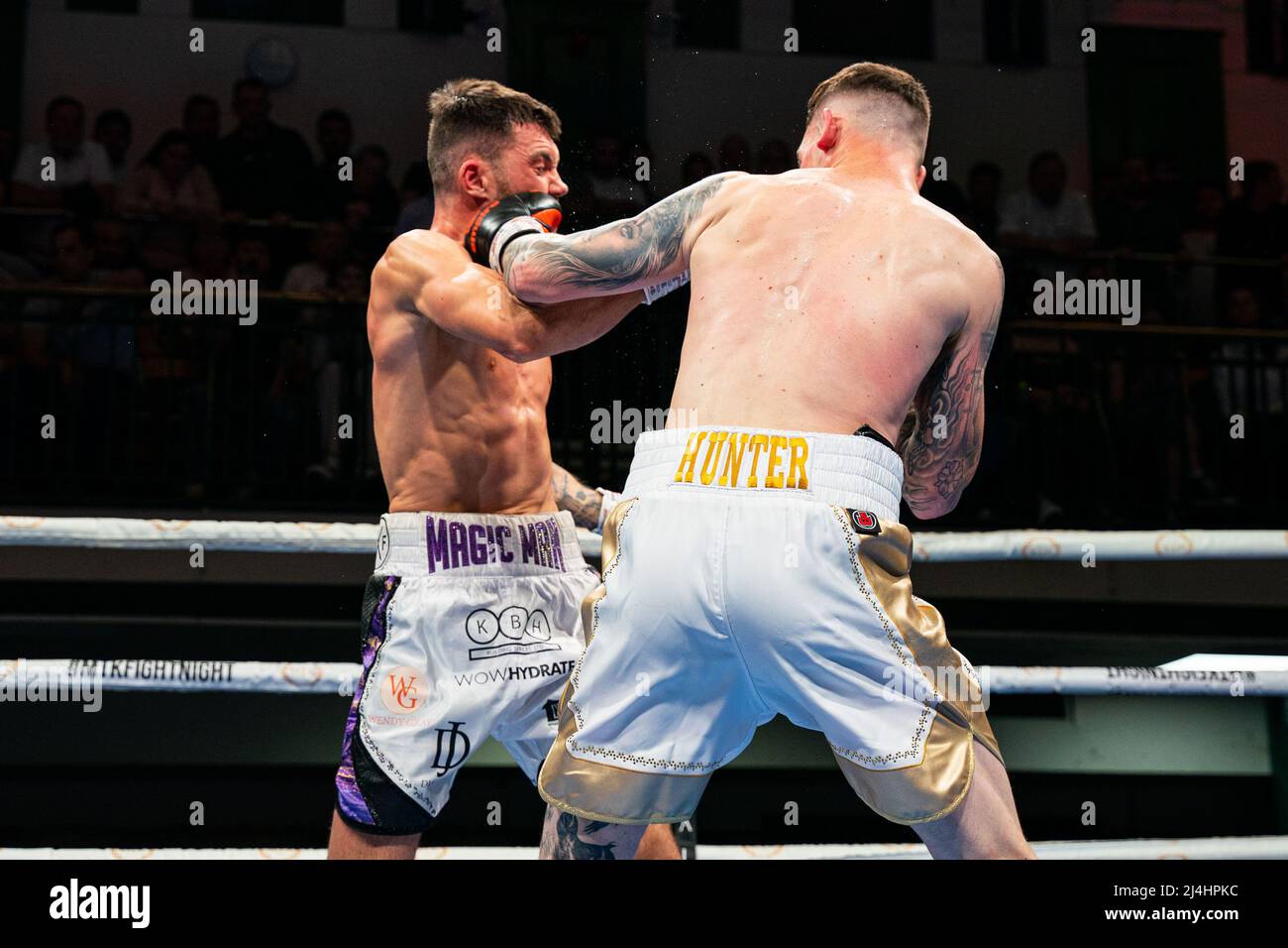 London, UK. 15th Apr, 2022. Sam Gilley is hit with a big left hand ...