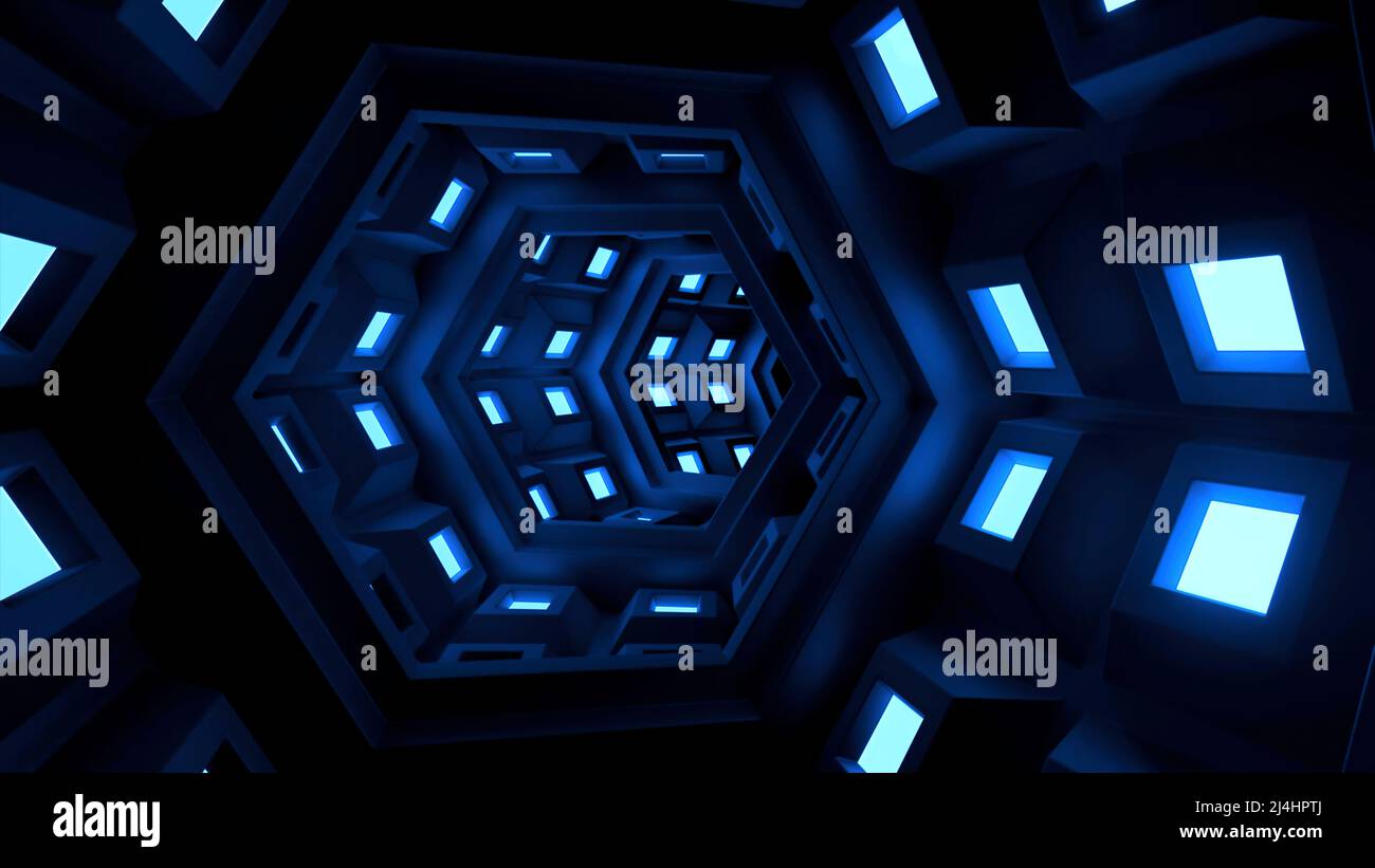 Abstract digital geometric background with futuristic tunnel with glowing neon light. Design ...