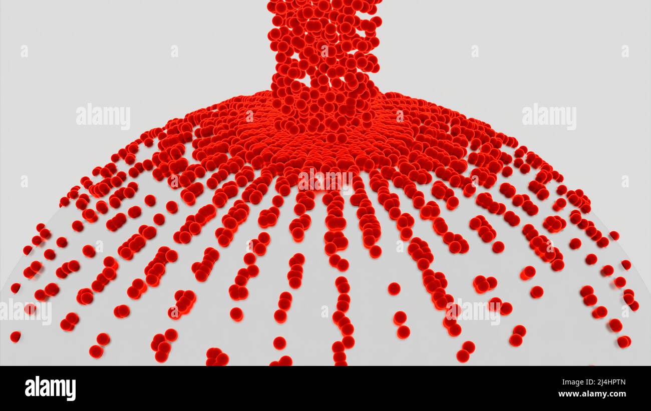 Abstract falling stream of tiny red balls on a big transparent ...