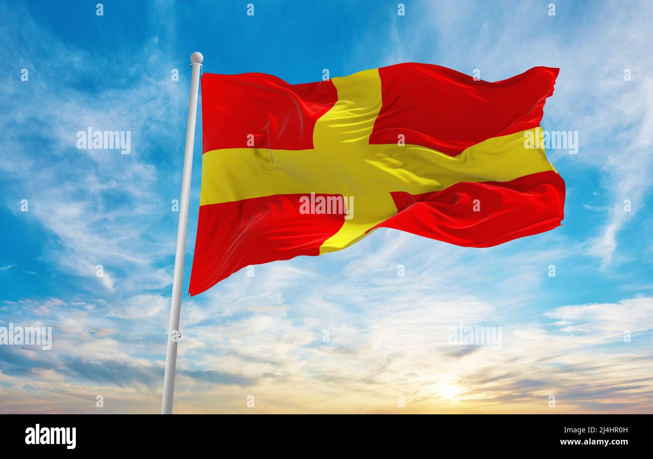 flag of Messina, Italy at cloudy sky background on sunset, panoramic ...