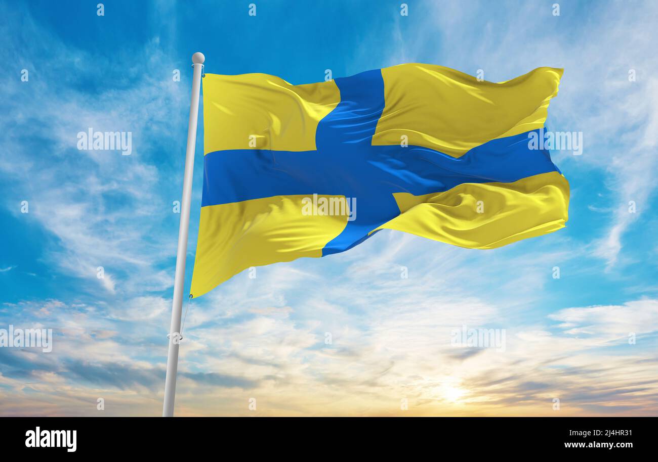 flag of Parma, Italy at cloudy sky background on sunset, panoramic view ...