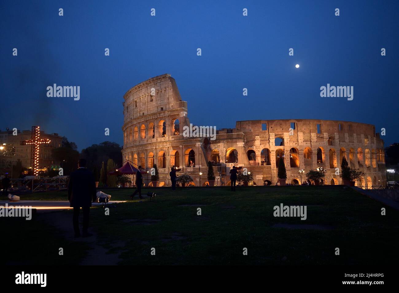 Rome. 15th Apr, 2022. Pope Francis prays during the Via Crucis (Way of ...