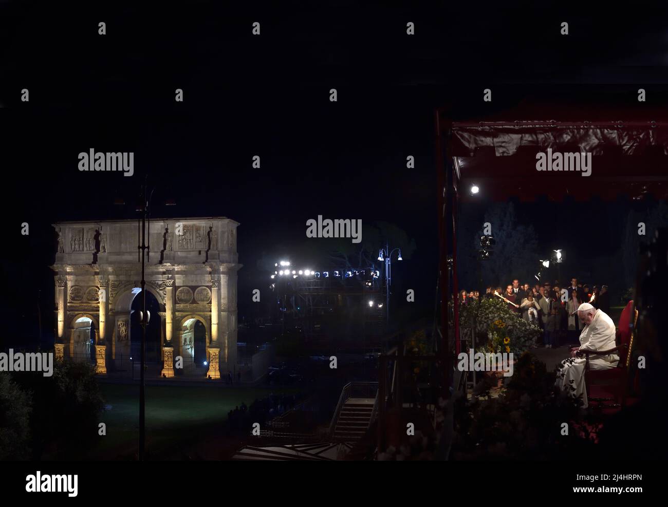 Rome. 15th Apr, 2022. Pope Francis prays during the Via Crucis (Way of ...