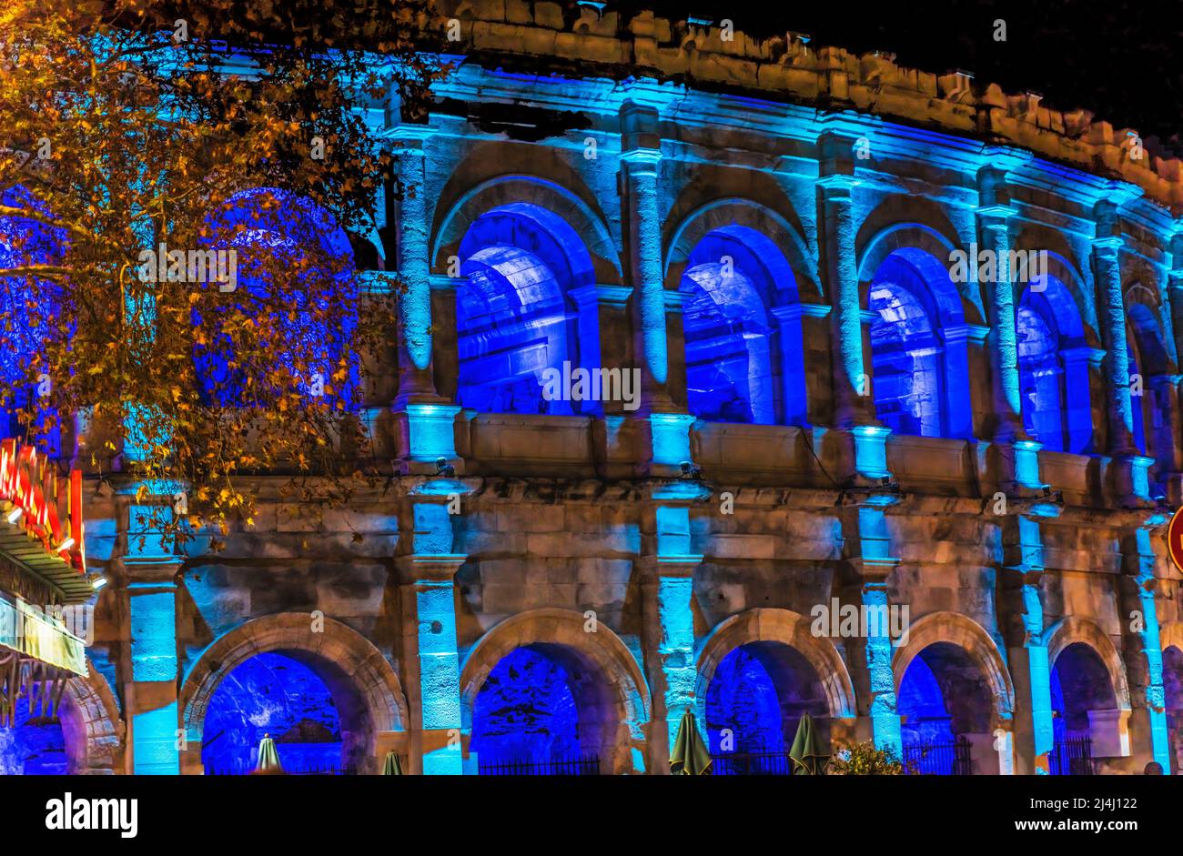 Ancient Classical Roman Amphitheatre Arena Night Illuminated Blue Color ...