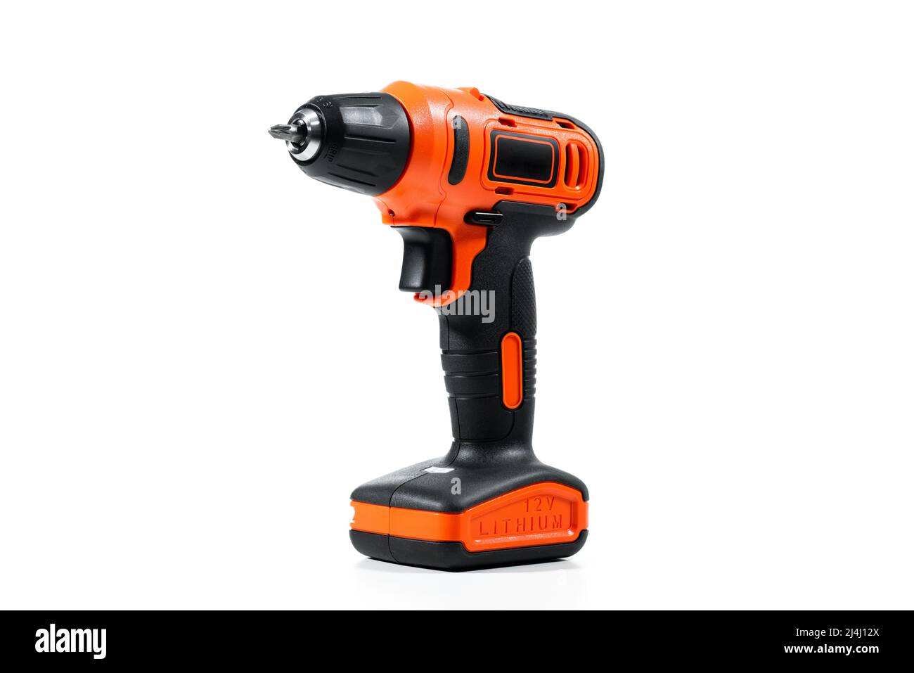 Black-orange cordless screwdriver drill over white background Stock ...