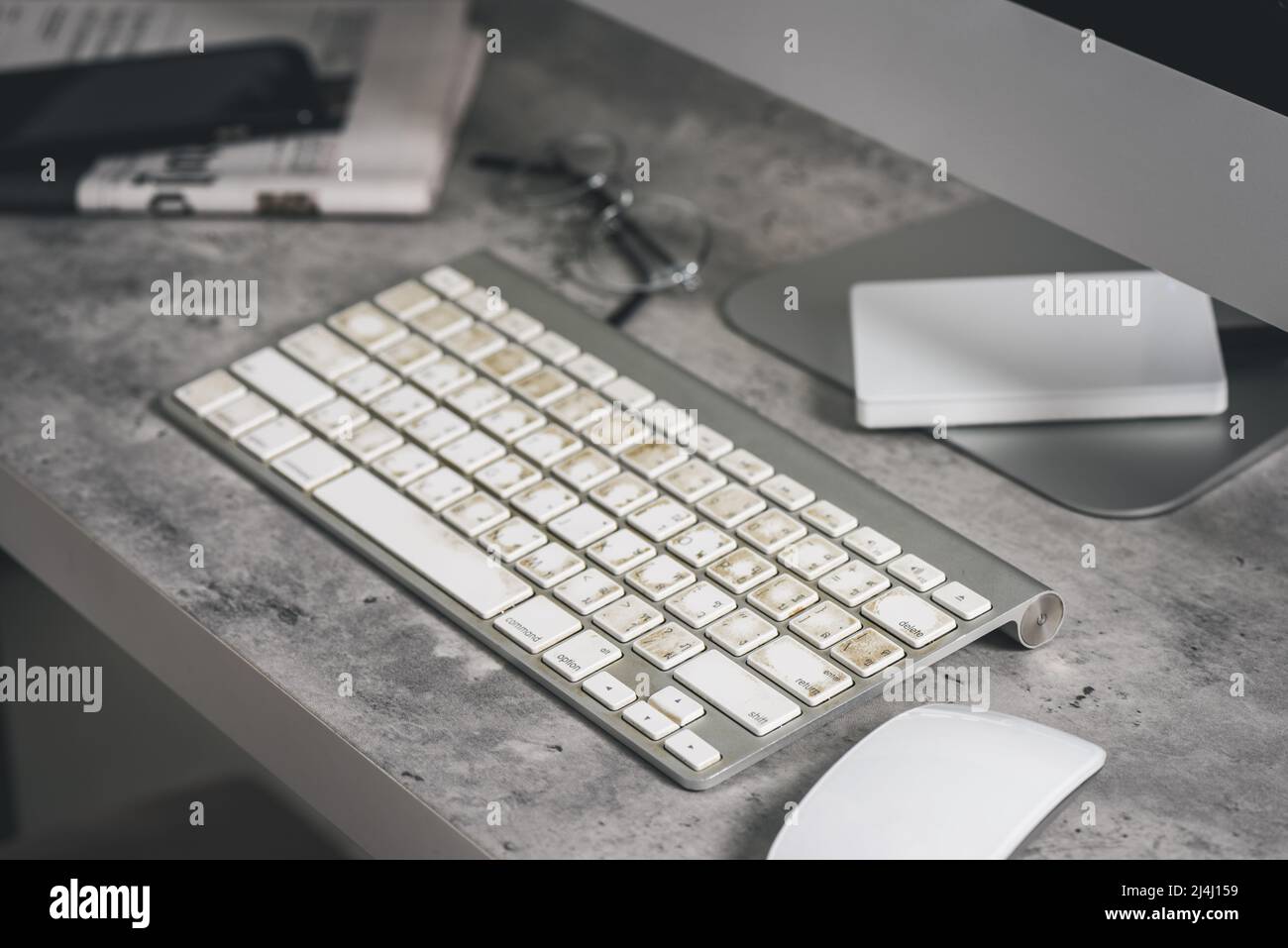 Closeup very dirty computer keyboard. Grimy, more bacteria on keyboard ...