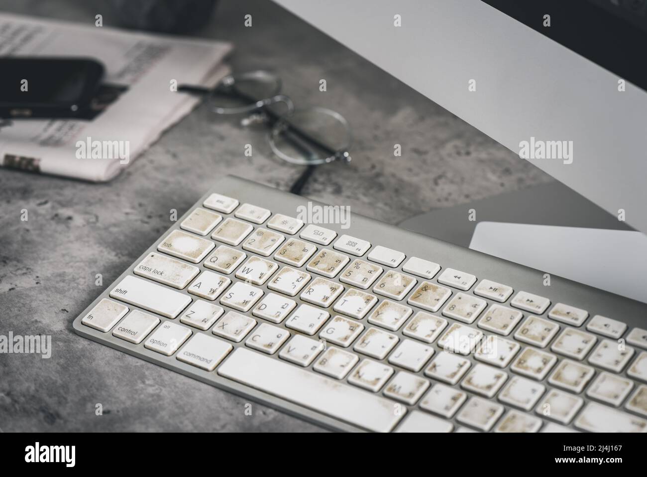 Closeup very dirty computer keyboard. Grimy, more bacteria on keyboard ...