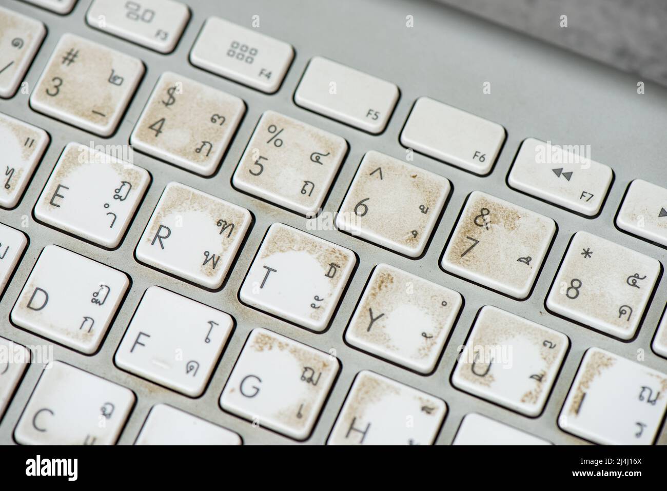 Closeup very dirty computer keyboard. Grimy, more bacteria on keyboard ...