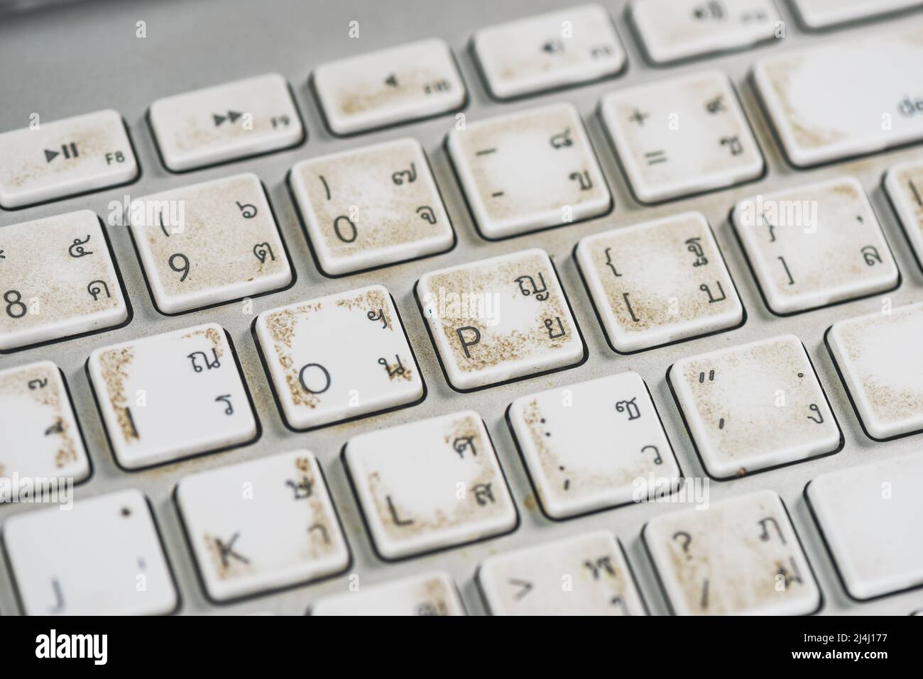Closeup very dirty computer keyboard. Grimy, more bacteria on keyboard ...