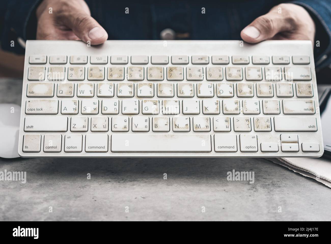 Closeup very dirty computer keyboard. Grimy, more bacteria on keyboard ...
