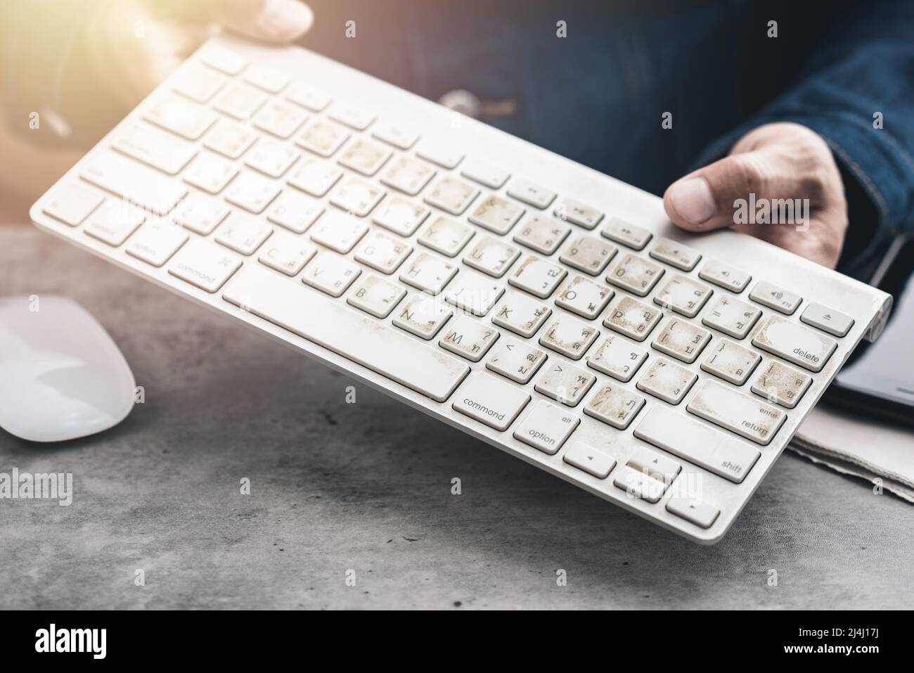 Closeup very dirty computer keyboard. Grimy, more bacteria on keyboard ...